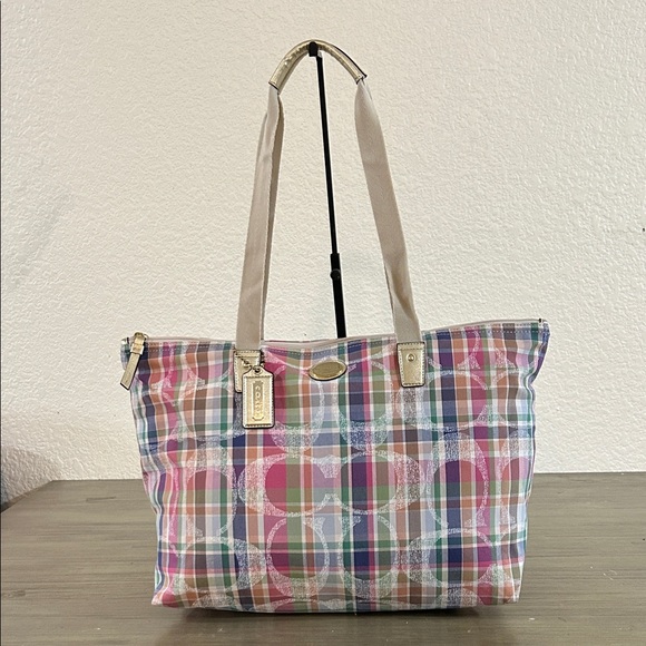 Coach | Bags | Coach Plaid Checkered Logo Print Zipper Tote Bag Purse ...
